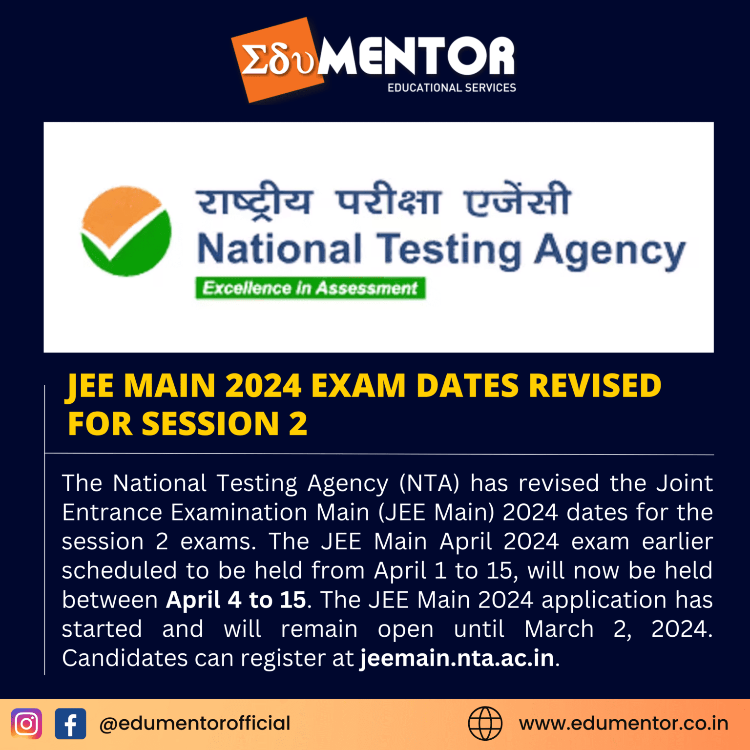 Revised exam dates announced for JEE Main 2024 Session 2. - EduMENTOR ...